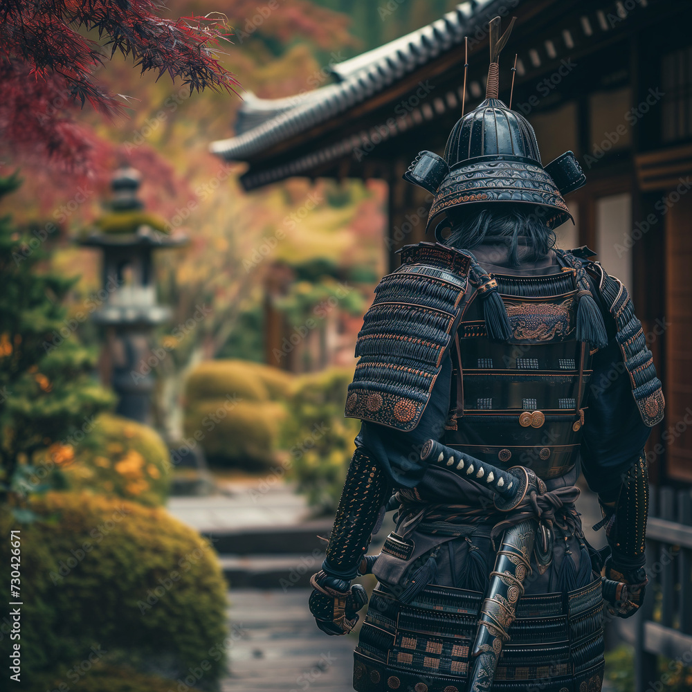 Samurai Warrior in Traditional Armor at Historical Japanese Garden ...