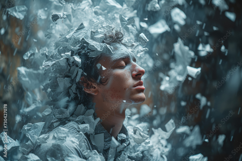 A fragmented person with levitating body parts, conveying the fractured ...