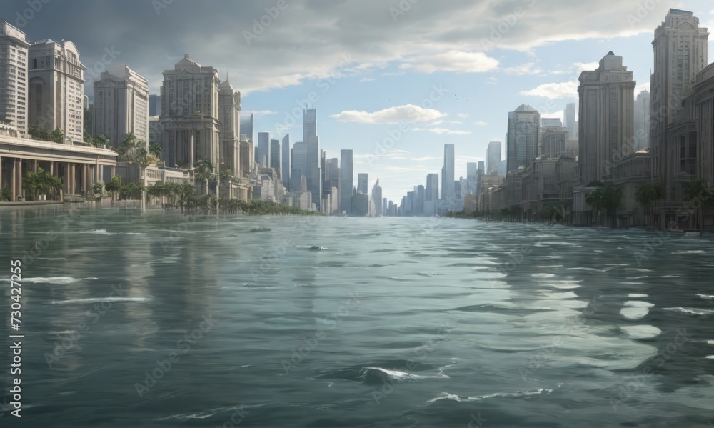 A flooded city depicting sea level rise due to climate change ...