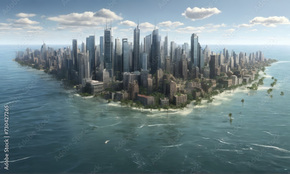 A flooded city depicting sea level rise due to climate change ...
