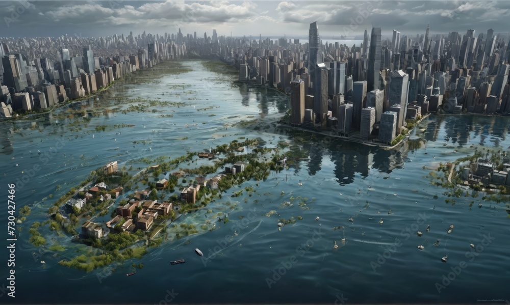 A flooded city depicting sea level rise due to climate change ...