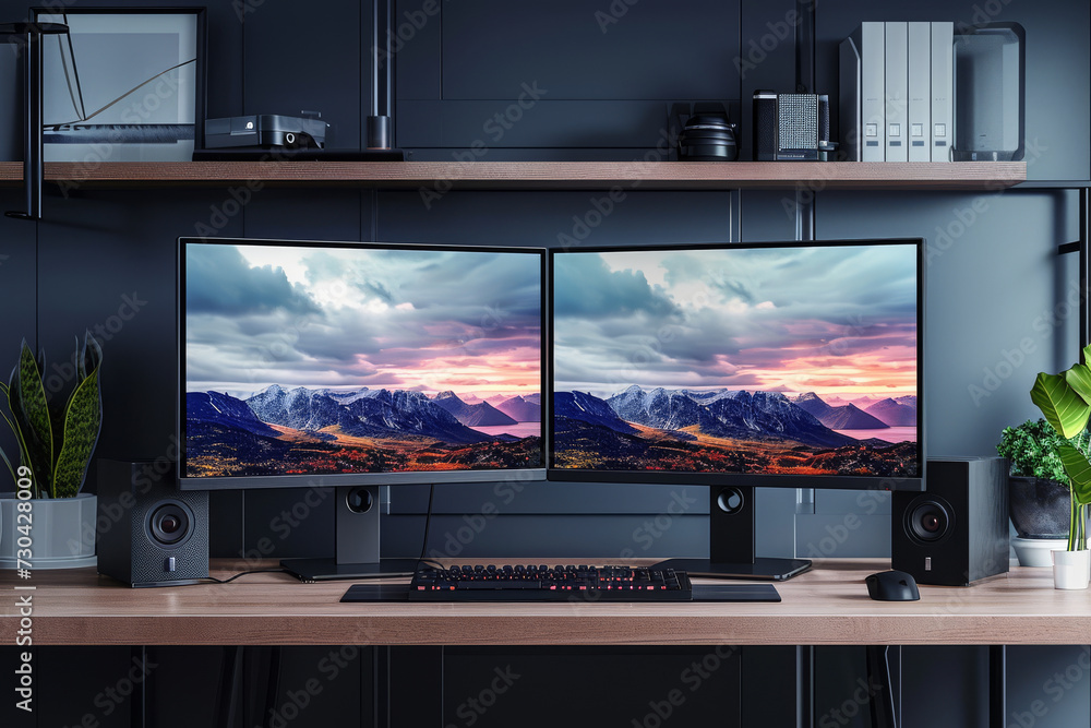 A dual-monitor setup with an organized desk, tailored for multitasking ...