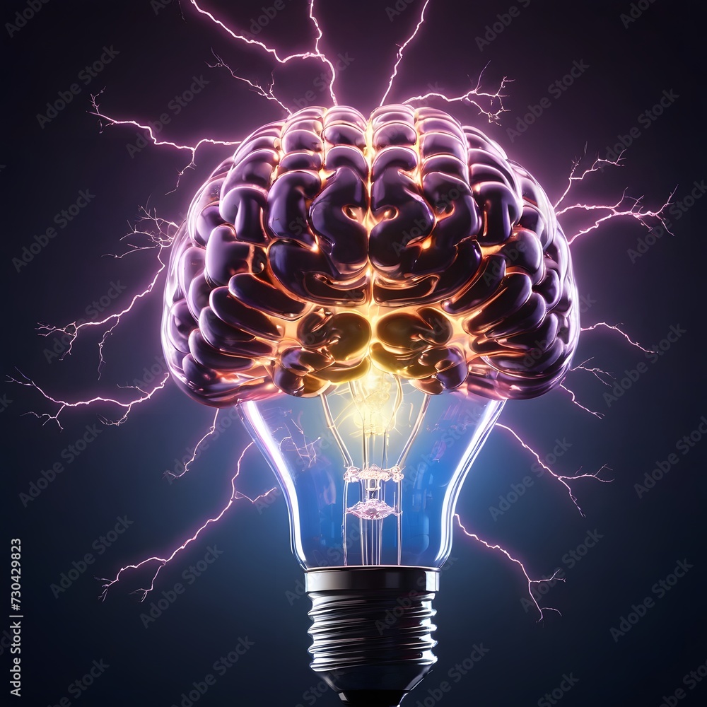Brain Illumination in a Light Bulb depicts a light bulb with a fiery ...