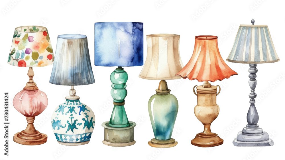 Vintage watercolor Different stylish table lamps isolated transparent ...