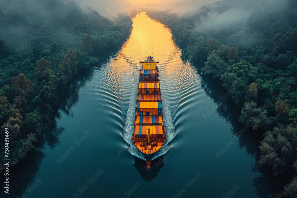 Overhead photograph of a freight ship navigating a narrow canal ...