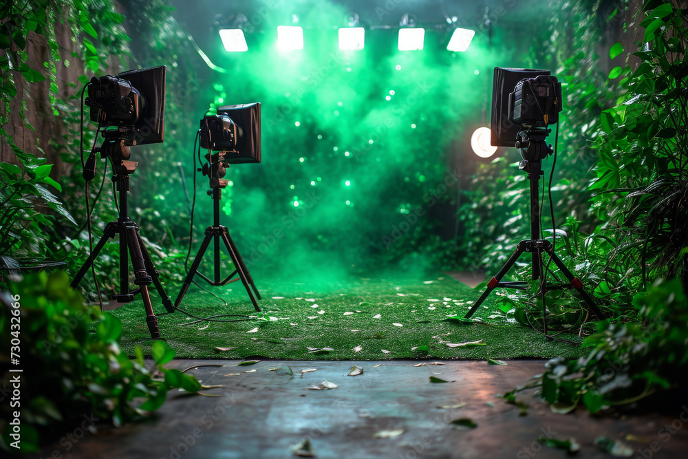 A photography studio setup with green color gels, producing a natural ...
