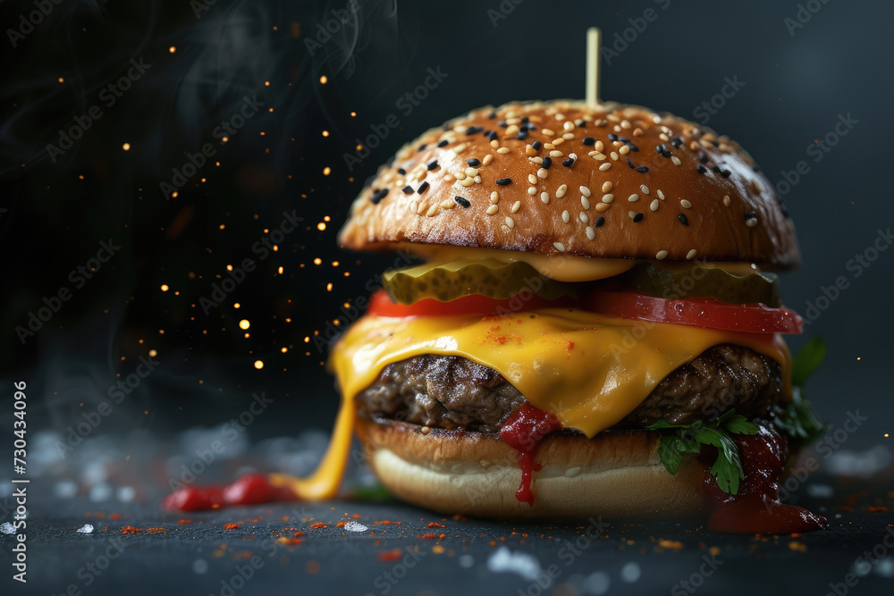 cheeseburger with a brown color and a pickle and a professional overlay ...