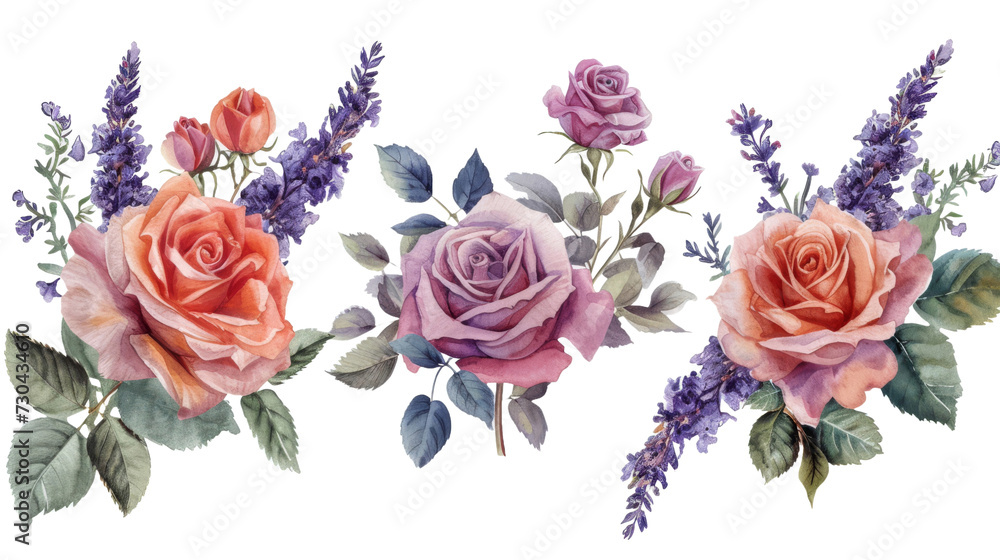 Watercolor bouquet of roses and lavender flowers isolated transparent ...