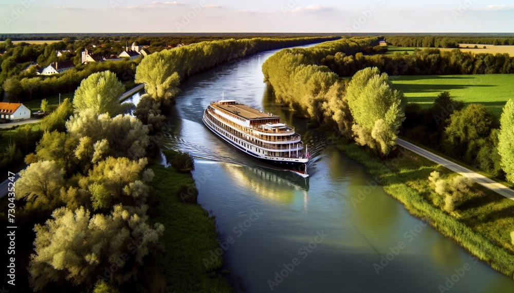 A serene image of a three-story riverboat gracefully making its way down a narrow river ...