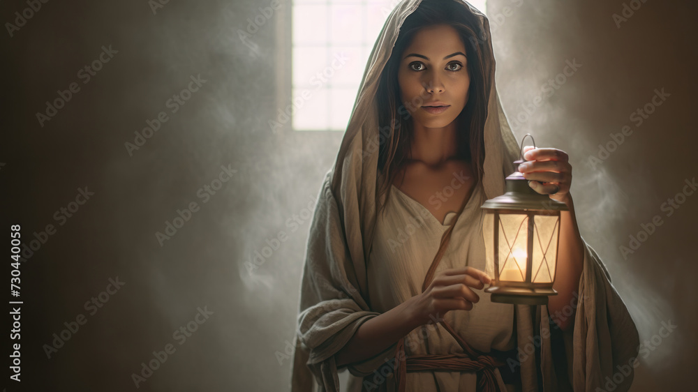 The beautiful woman Mary of Magdalene holding a lantern. A biblical ...