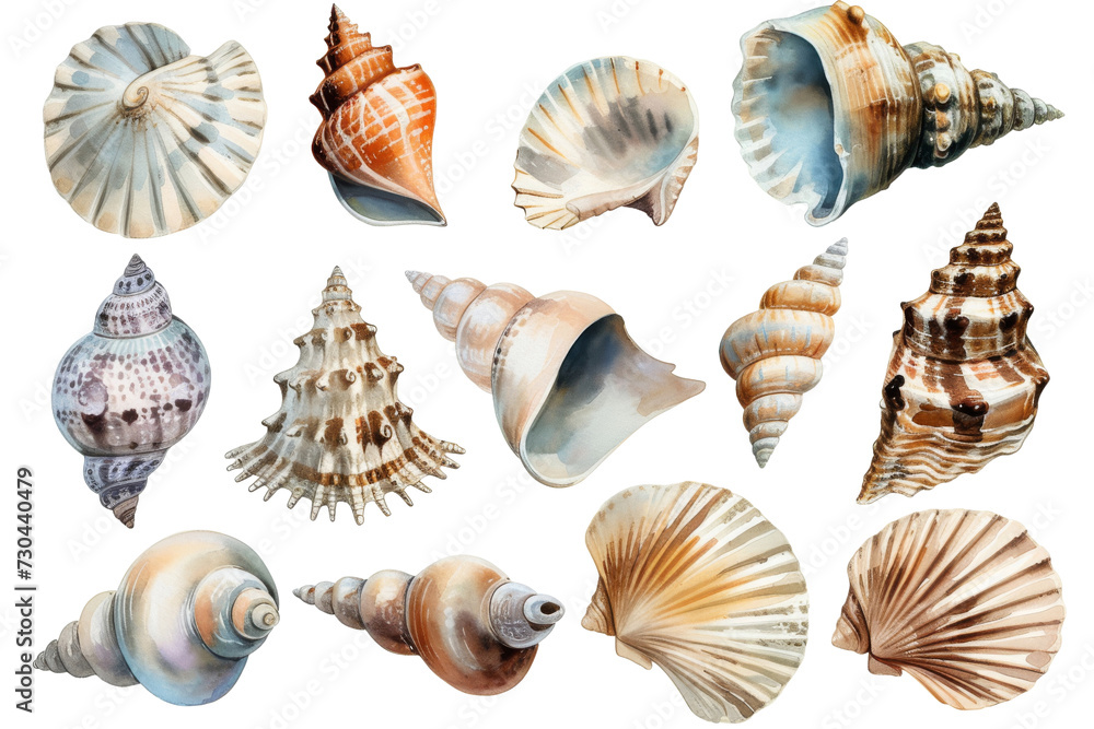 Watercolor set of different seashells isolated transparent background ...
