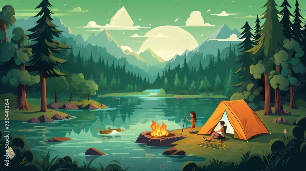Cartoon illustration of children camping at a riverside campground ...