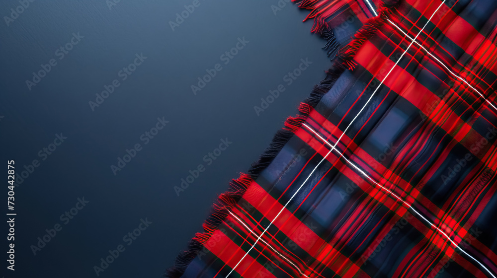 Top view flat lay bright red scottish checked fabric in the corner on ...