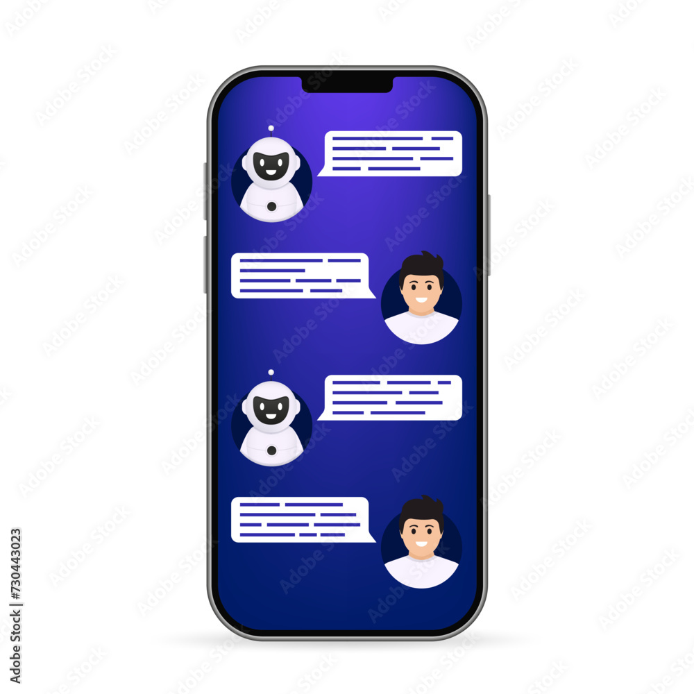 Person interacting with a chatbot in a smartphone. Robot answer ...