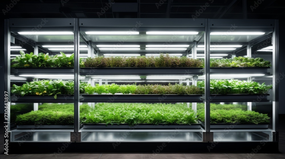Indoor vertical farm with hydroponic plant shelves under LED lights ...