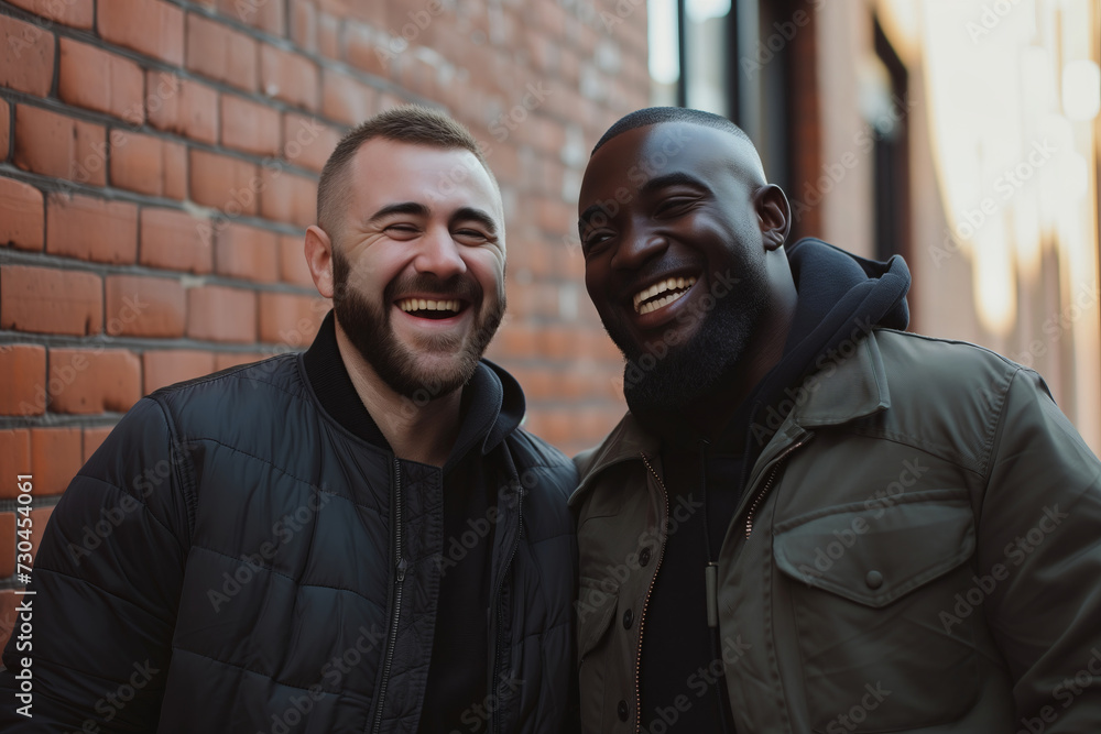 Laughter and Friendship, Two Men Sharing a Joyous Moment by Brick Wall ...