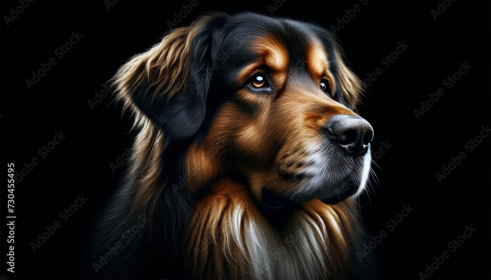 Photorealistic close-up of a dog in a horizontal frame, focusing on a ...