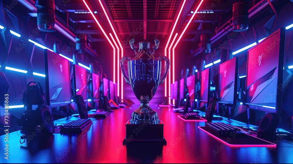 eSports trophy with rows of computers and neon lights representing two ...