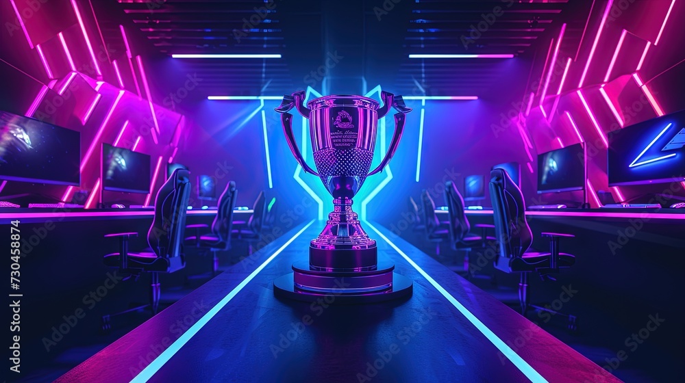 eSports trophy with rows of computers and neon lights representing two ...