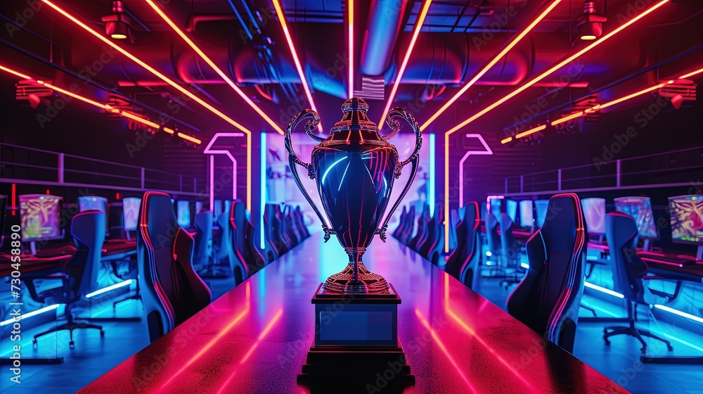 eSports trophy with rows of computers and neon lights representing two ...