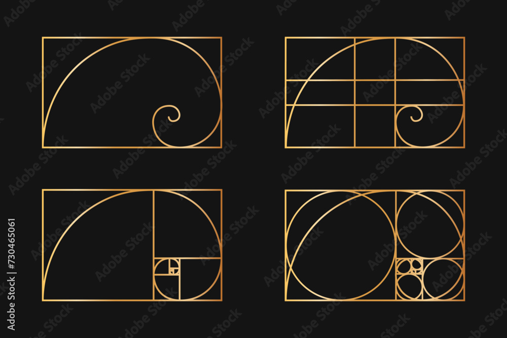 Golden ratio templates. Logarithmic spirals in rectangle frames divided ...