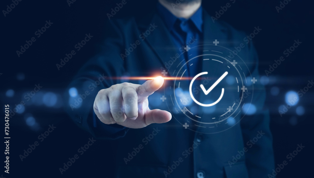 service guarantee, Businessman hand showing check mark digital ...
