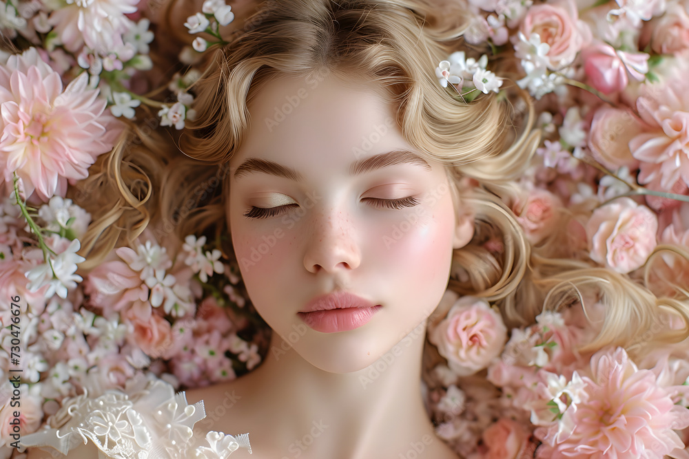 Beautiful woman lying in flowers. Fantasy girl portrait. Skincare and ...
