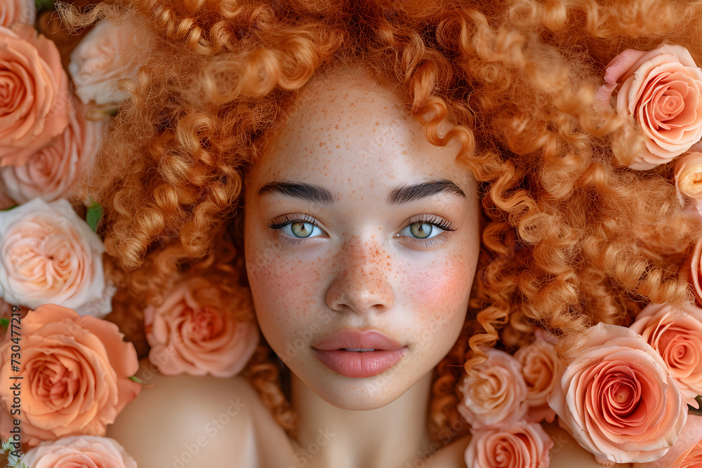 Beautiful woman lying in flowers. Fantasy girl portrait. Skincare and ...