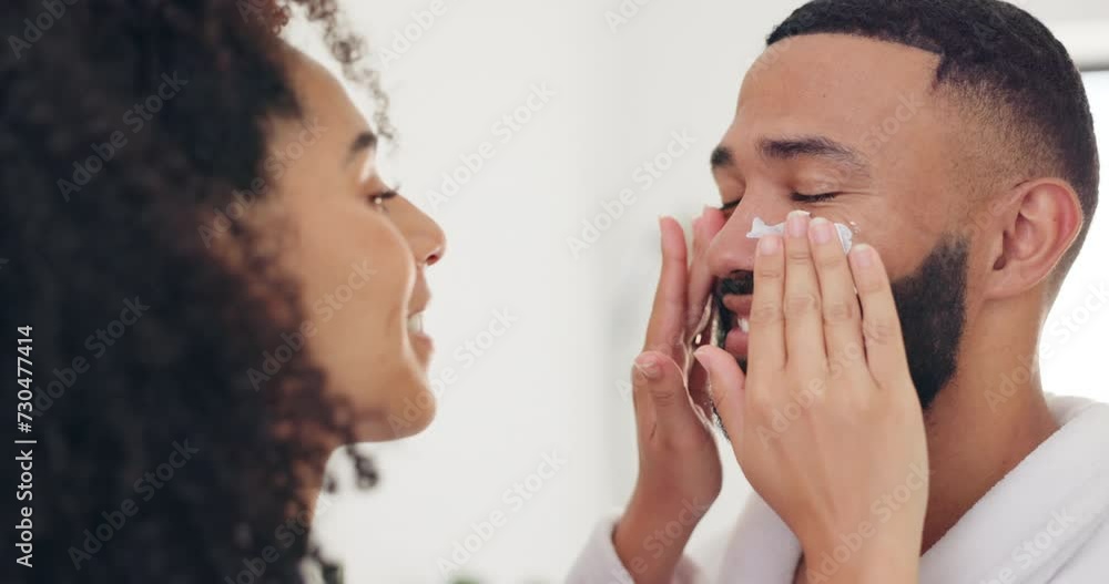 Happy couple, cream and morning with lotion in skincare for cosmetics ...