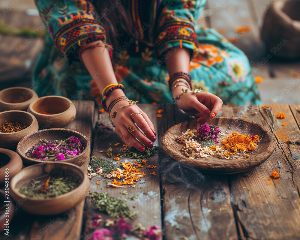 Hands of a spiritual medicine woman preparing medicinal herbs in a bowl ...