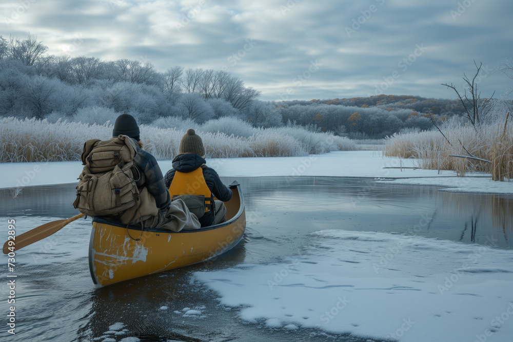Winter canoe journey, couple on a partially frozen lake, serene, chilly ...