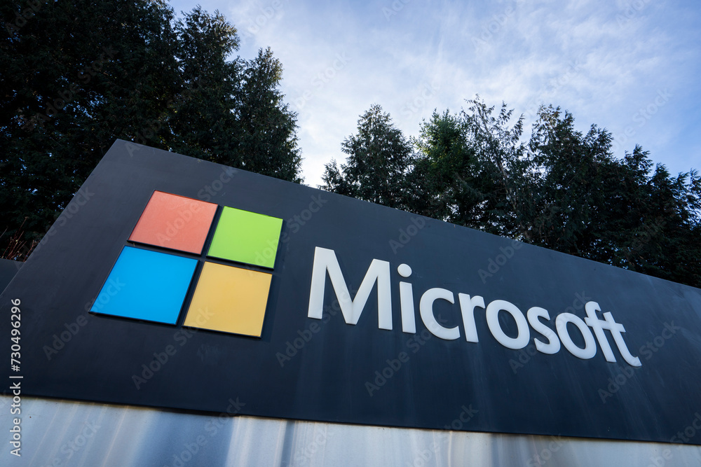 Redmond, WA, USA - Jan 14, 2024: Closeup of the Microsoft sign seen at ...