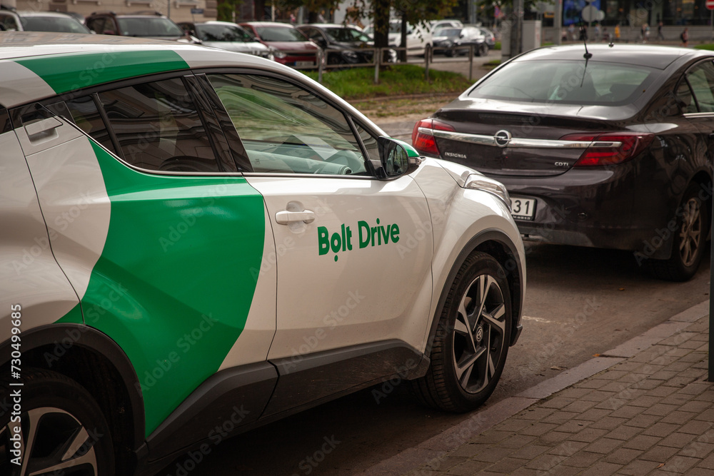 RIGA, LATVIA - AUGUST 26, 2023: Logo of Bolt drive on an electric SUV ...