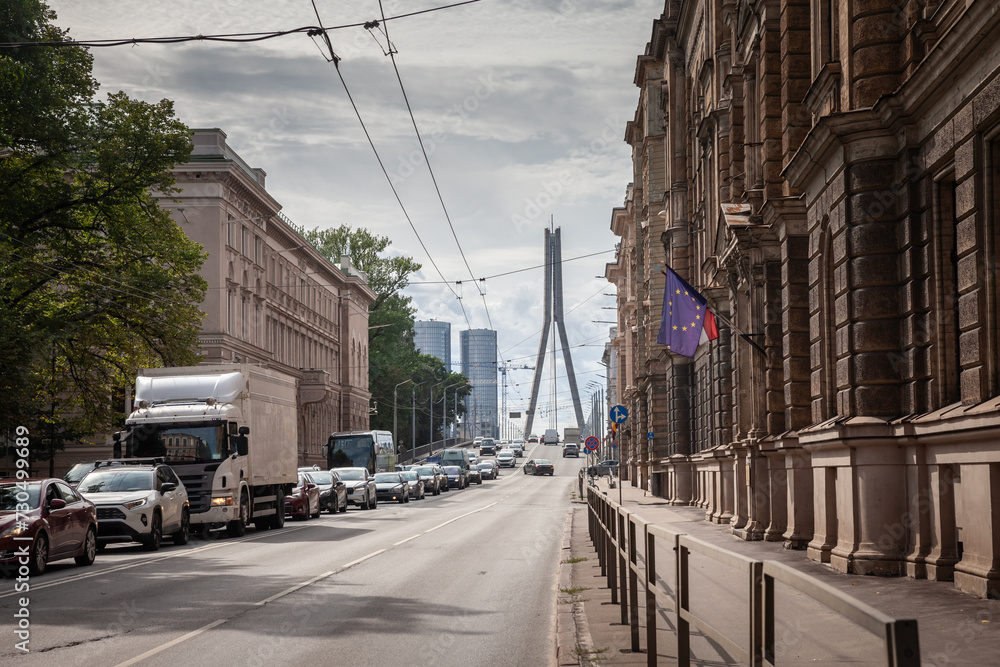 Panorama of Krisjana Valdemara iela street in Riga, latvia, with the ...