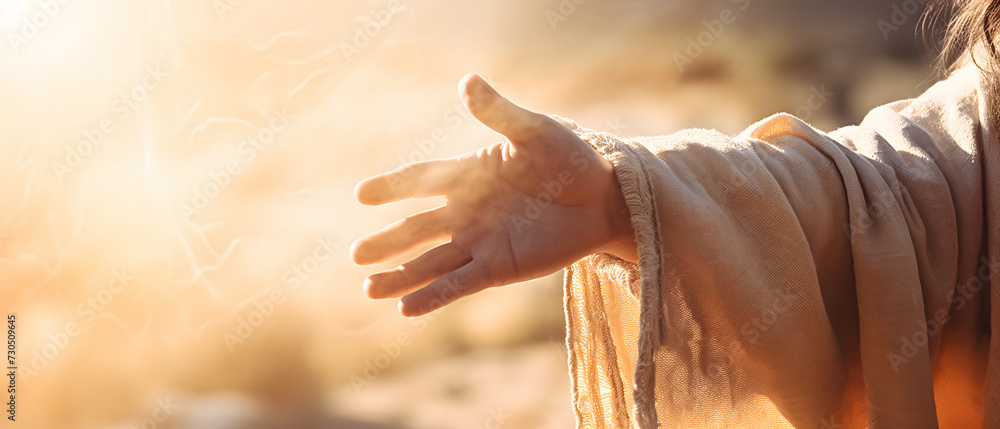 Jesus christ extending his hand in a warm environment trying to help ...