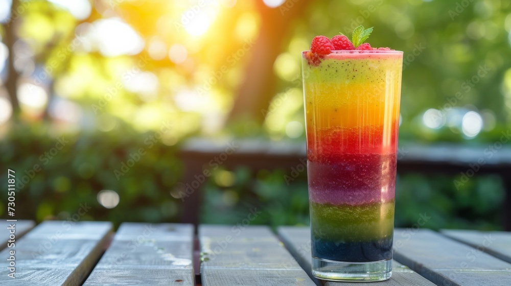 Image of a layered rainbow smoothie in a tall glass, each layer a ...