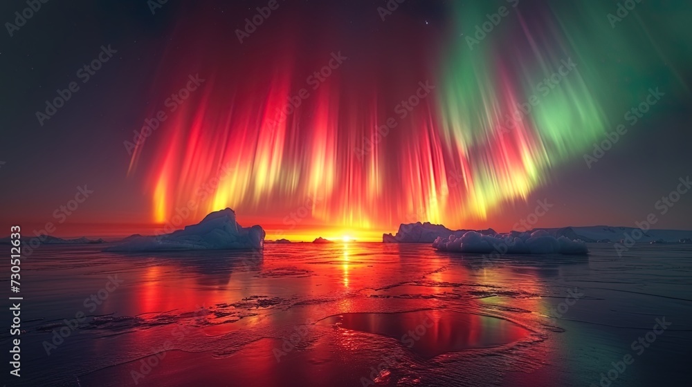 In the night sky over ice and icebergs, bright lights of the northern ...