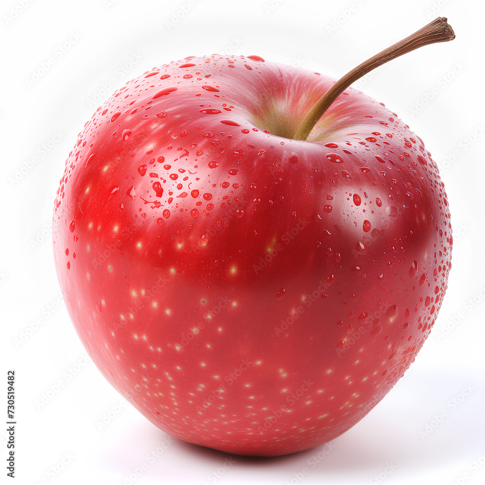 Crisp red apple with a fresh green leaf, dewy texture visible, isolated ...
