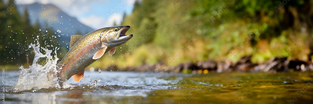 Rainbow trout jumping out of the water with a splash. Fish above water ...