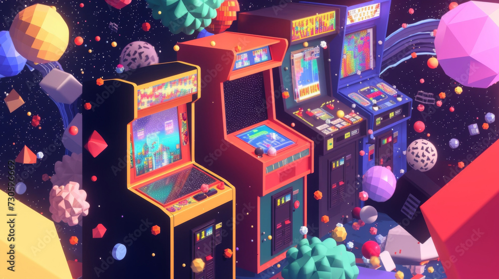 A pixelated universe filled with colorful geometric shapes and arcade ...
