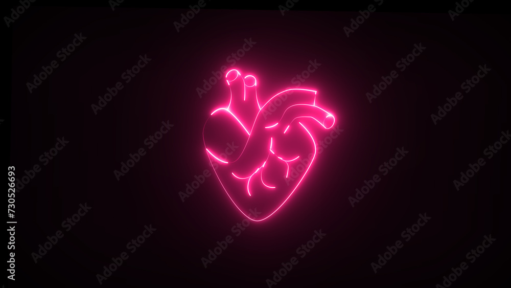 Human heart, a bright neon heart. Blood is ejected from left ventricle ...