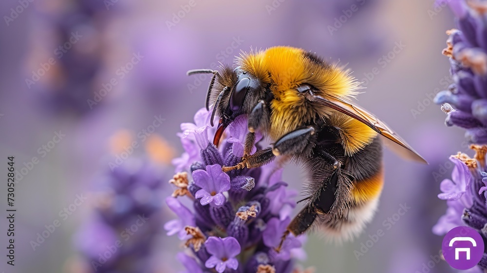 Bee Harmony Low-Angle Encounter in violet Blooms, Defocused Dynamism ...