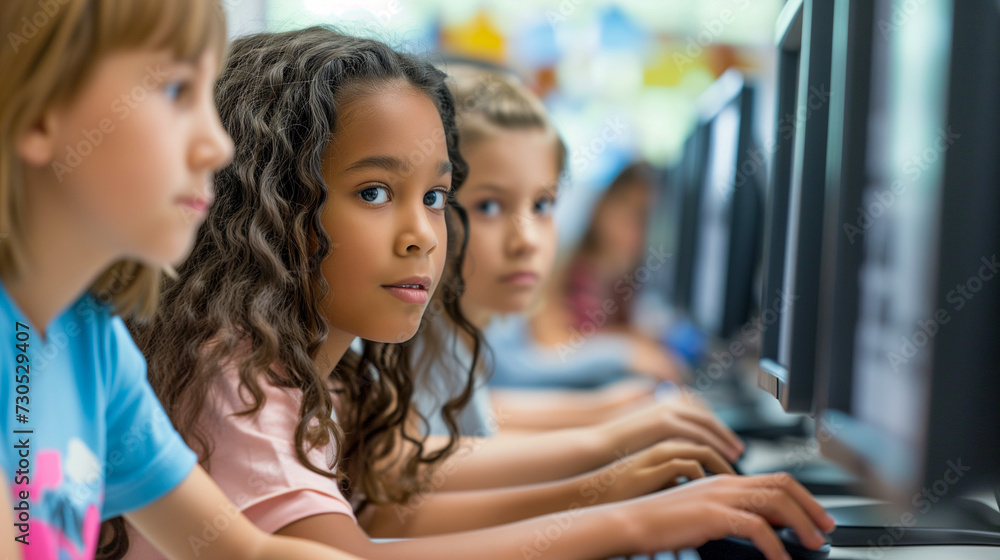 Elementary school students learning about computers at school. Image of ...