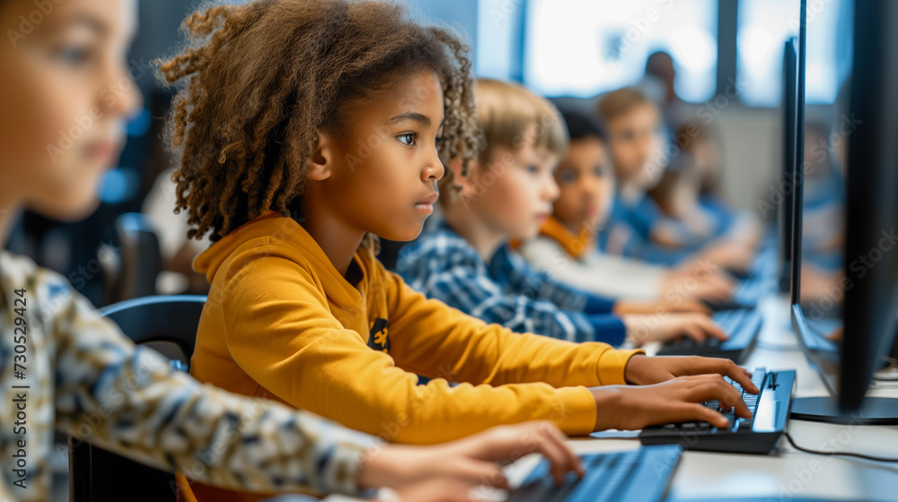 Elementary school students learning about computers at school. Image of ...