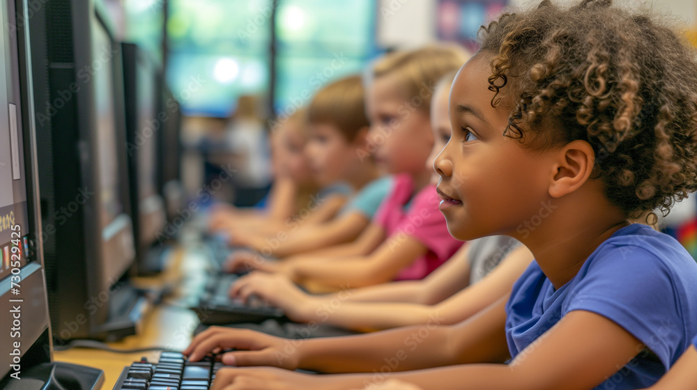 Elementary school students learning about computers at school. Image of ...
