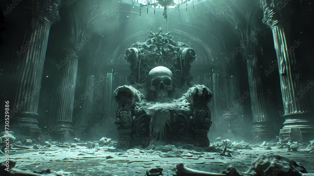 Scary horror looking throne with skull, for movie or ghost story cover ...