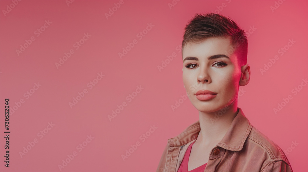 Portrait of a young, stylish tomboy model exuding confidence with ...
