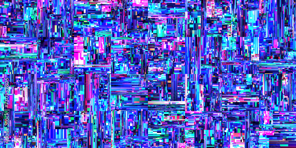 Seamless colorful neon pixel noise glitch texture. Corrupted digital image data. Screen with ...