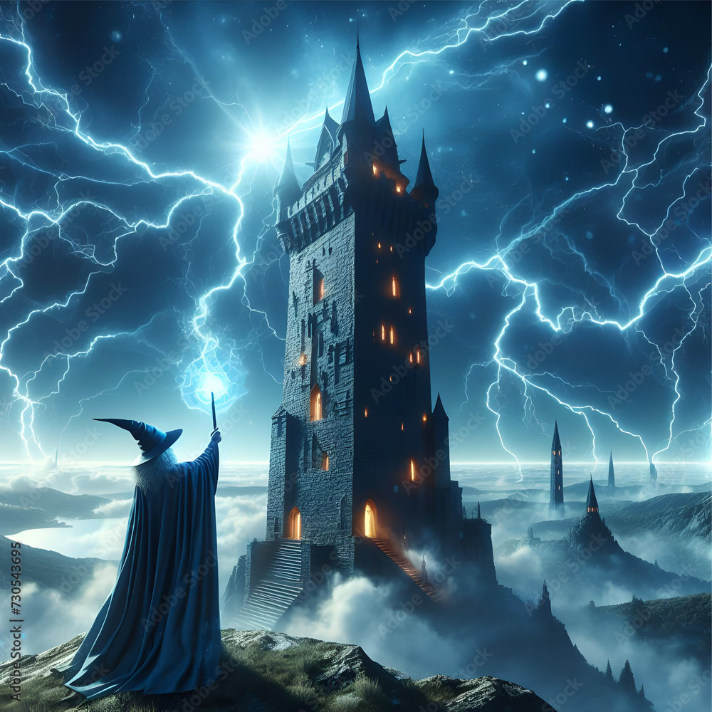 generative ai wizard stands in a tall tower, casting a spell. Lightning ...