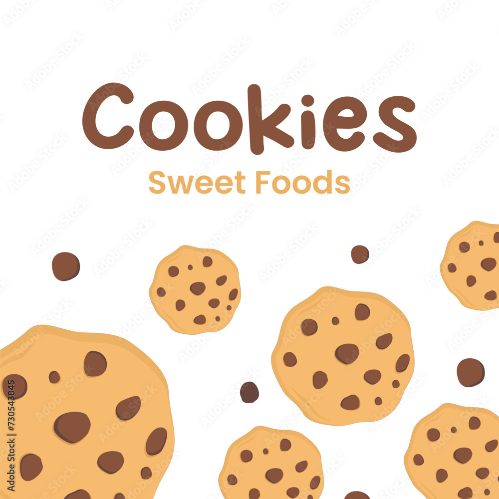 cartoon illustration of chocolate chip butter cookies with copy space ...